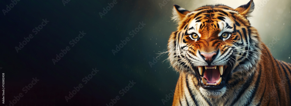 ภาพประกอบสต็อก tiger with wide toothy grin on dark background banner ...