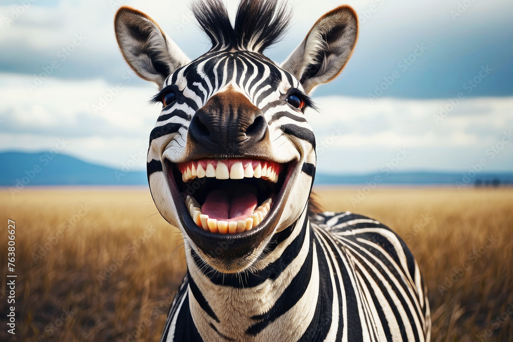 smiling zebra with wide toothy grin, looks at camera. playful charm to ...