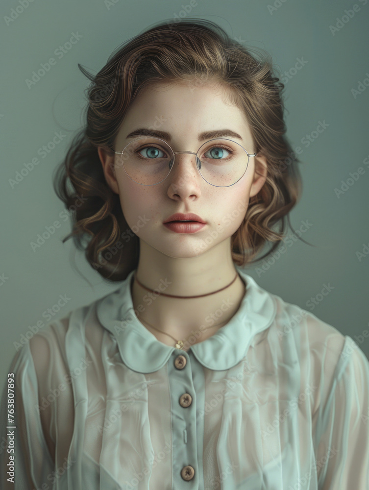 Digital art portrait of a young girl with wavy hair, spectacles, and a ...