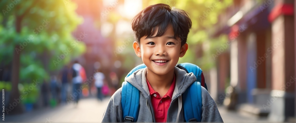 Happy smiling asian little kid boy carrying a backpack going back to ...