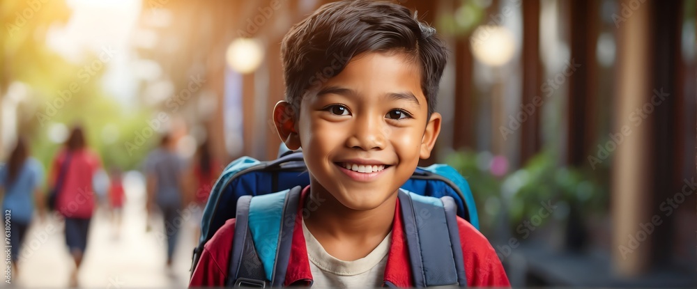 Happy smiling filipino little kid boy carrying a backpack going back to ...