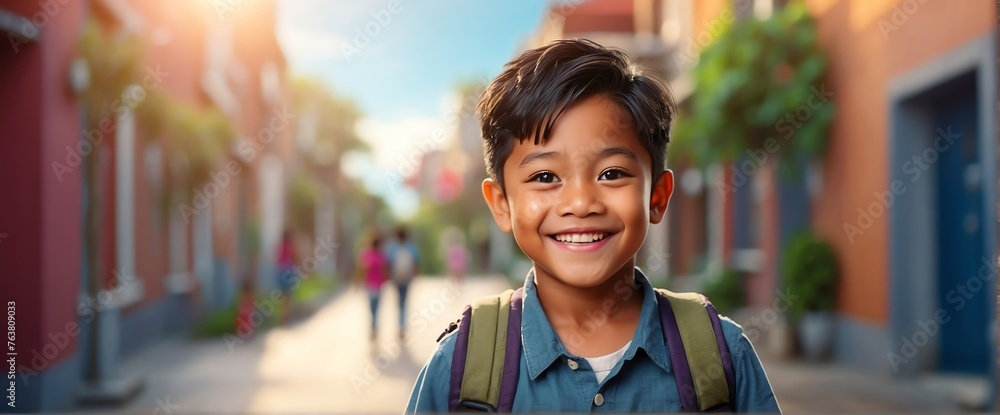 Happy smiling filipino little kid boy carrying a backpack going back to ...