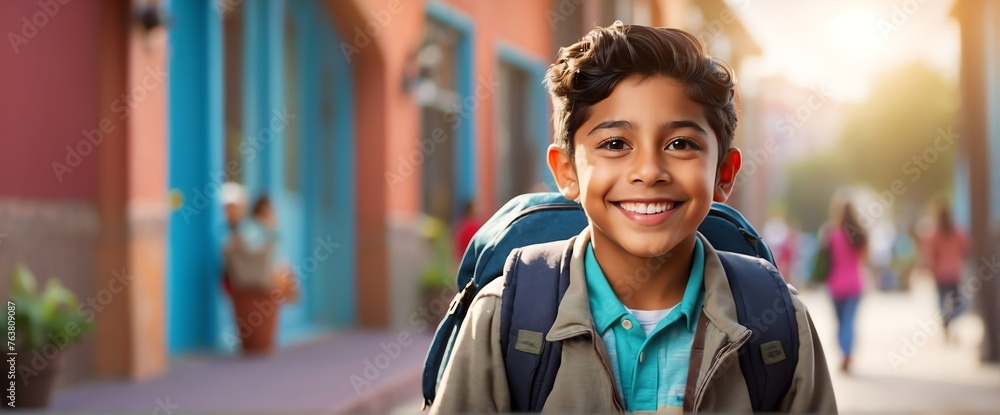 Happy smiling hispanic mexican little kid boy carrying a backpack going ...