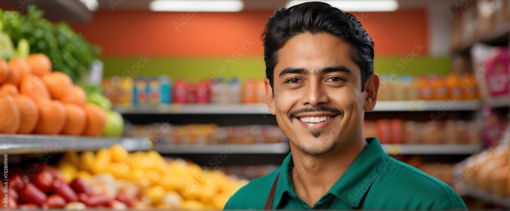 Male hispanic mexican grocery supermarket clerk worker employee on ...