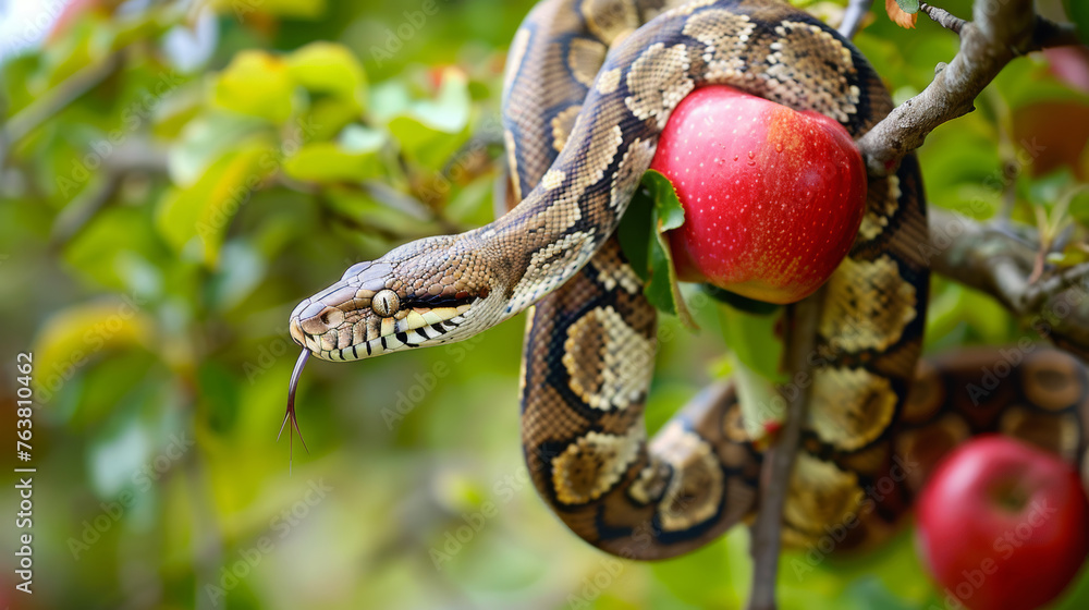 Snake in a apple tree next to a red apple representing original sin ...