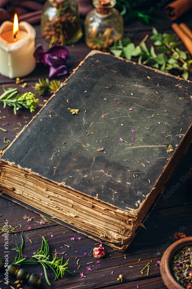 Antique Magic Book. Witchcraft background. Candle and alchemy ...