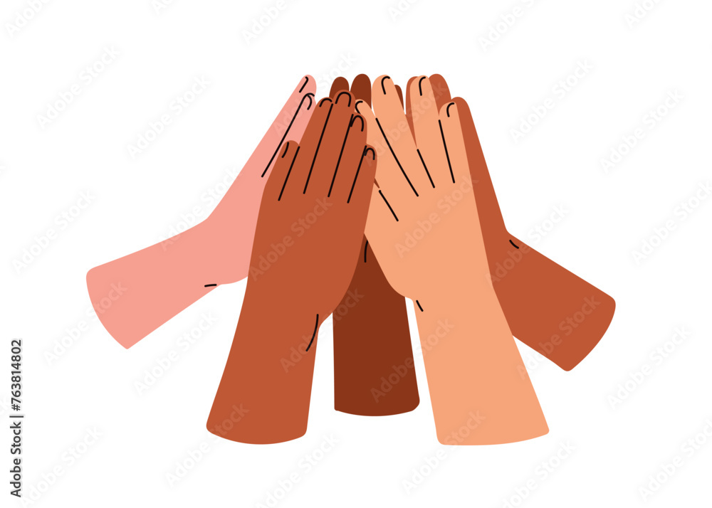 Poster Hands group giving high five, celebrating, greeting with hi ...