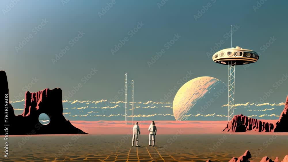 Retrofuturistic landscape in 80s sci-fi style. Retro science fiction ...