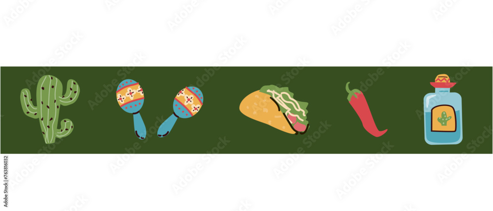 Mexican border of maracas, tequila, cactus on green background. Vector ...