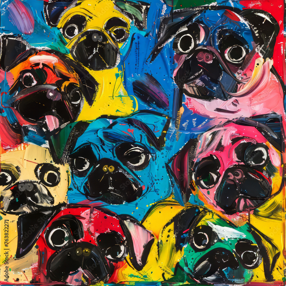 Squares seamless pattern modern art pug dogs funny cute adorable faces ...