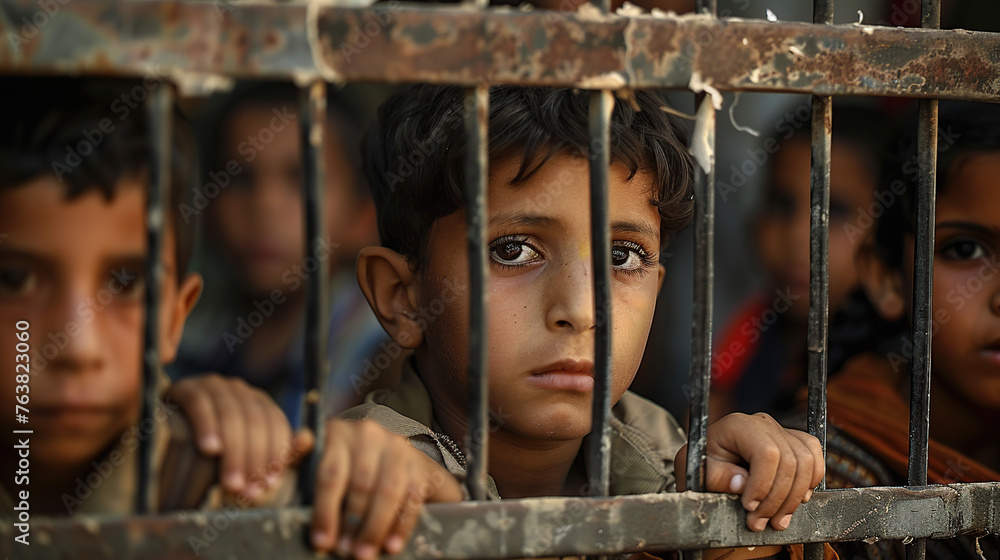 Sad serious hispanic orphan refugees behind bars looking at the camera ...