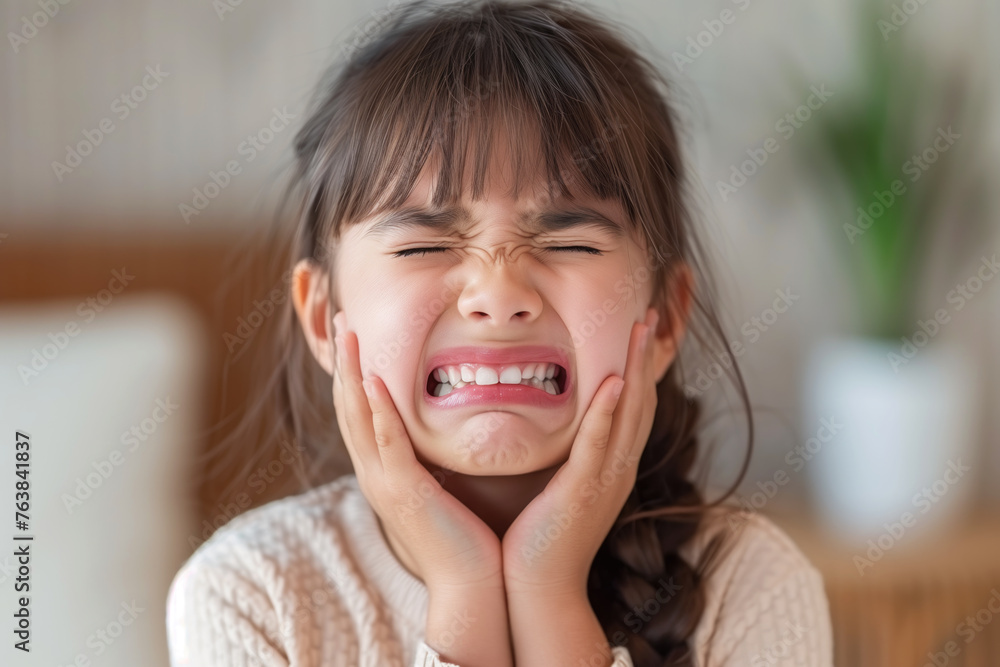 Young girl with toothache, periodontal disease of primary teeth, gum ...