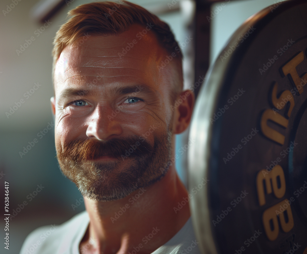 An 1980s-era male, sporting a mustache, trains at the gym with a joyful ...
