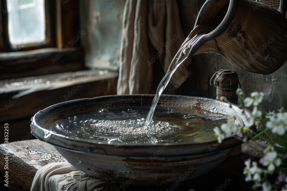 Pitcher pouring water into basin with linen cloth Stock Photo | Adobe Stock