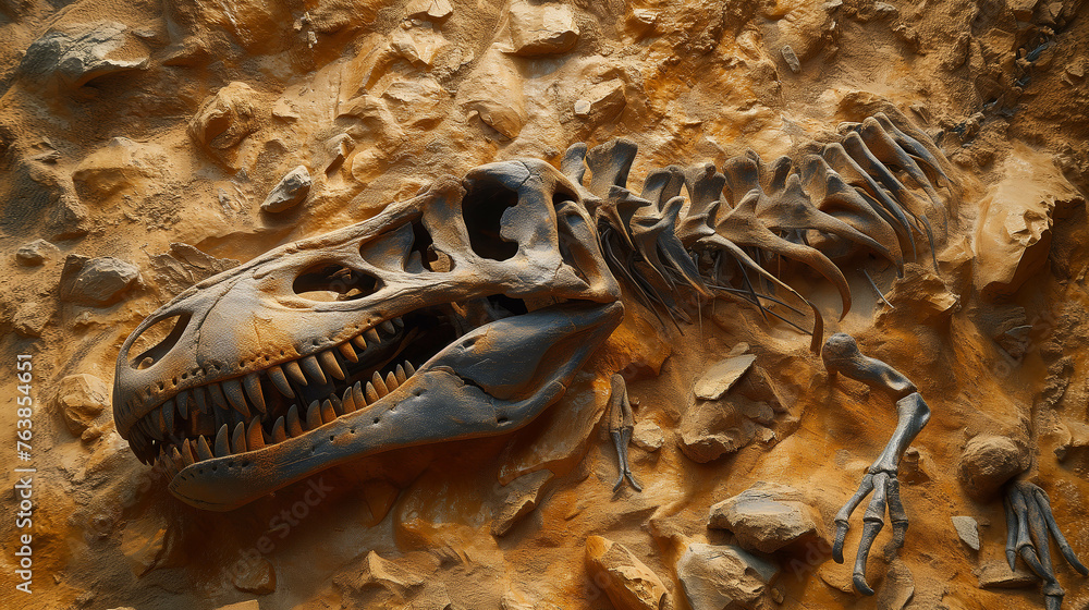 Parts of a dinosaur skeleton that archaeologists have unearthed. Stock ...