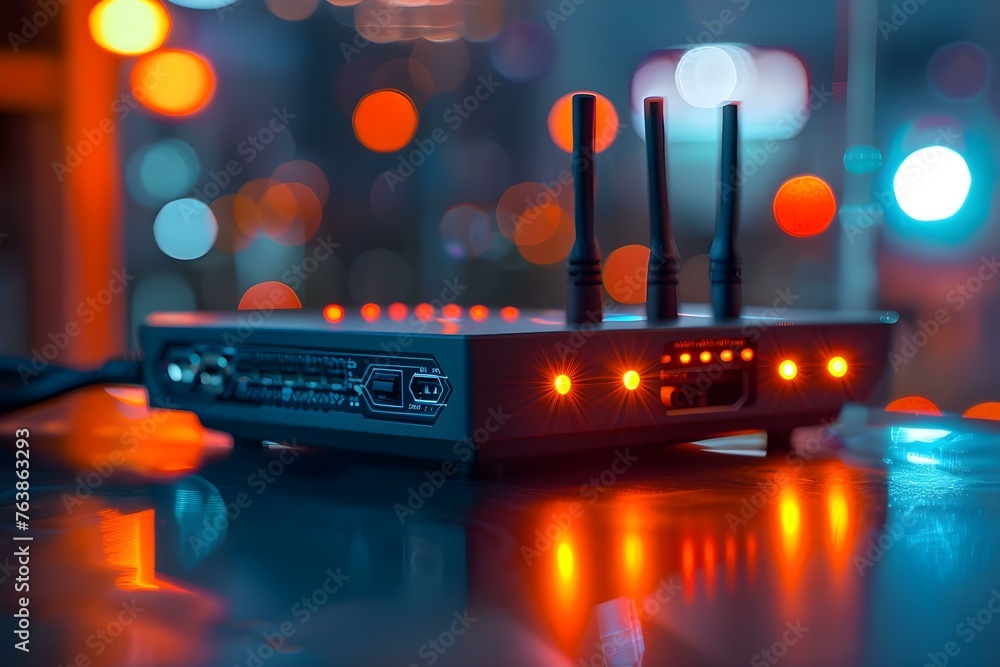 Tech concept with internet router switch LAN protocol network connectivity background. Concept ...