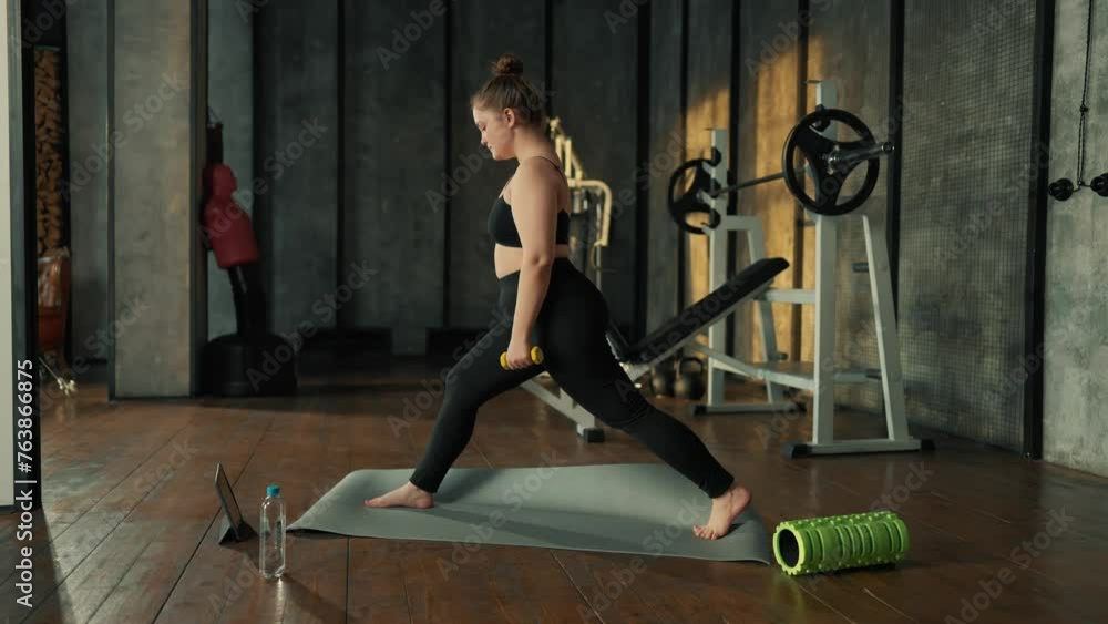 Plus size woman practice pilates. Overweight strong female getting yoga ...