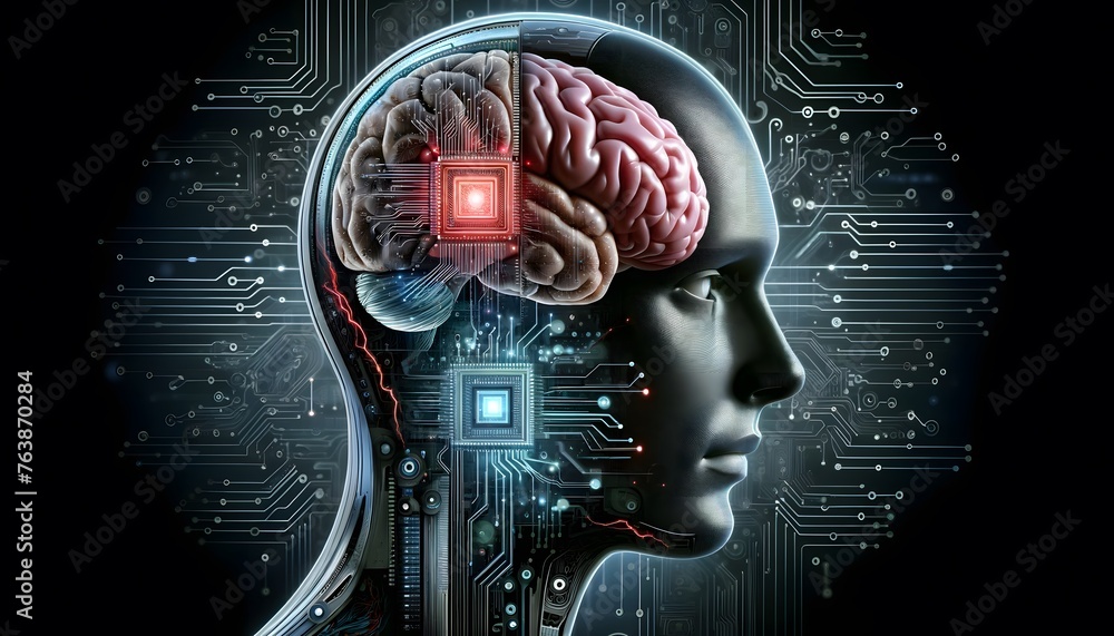 Hybrid between organic and artificial intelligence, cross-section of a ...