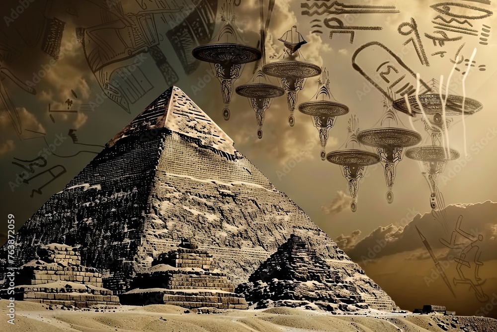 alien pyramid hyeroglyphs Spaceship UFO over pyramids. Aliens and ...