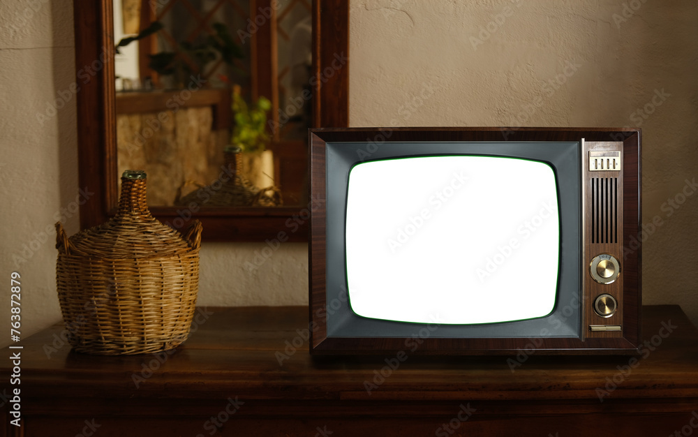 footage of Dated TV Set with white Screen Mock Up Chroma Key Template ...