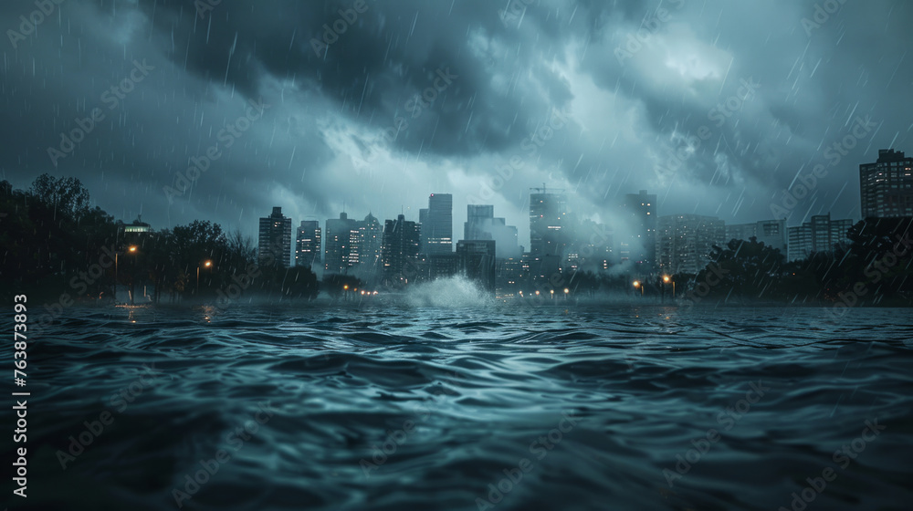 Urban landscape under a heavy rainstorm with dark clouds overhead, city ...