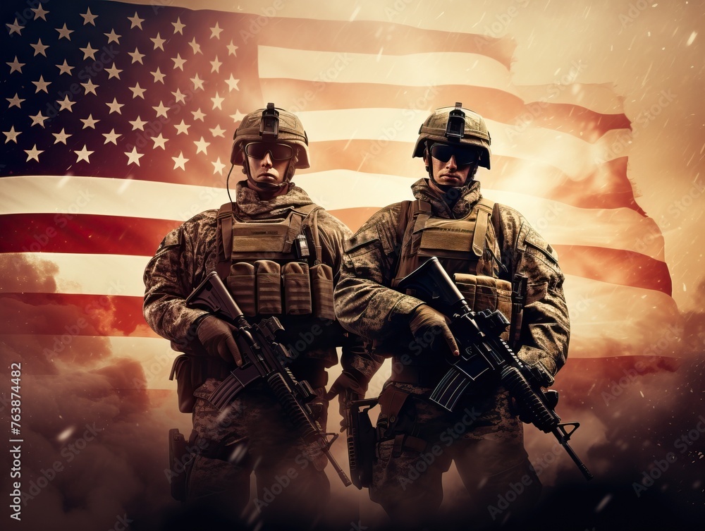 Diverse military soldiers holding usa flag in patriotism and unity ...