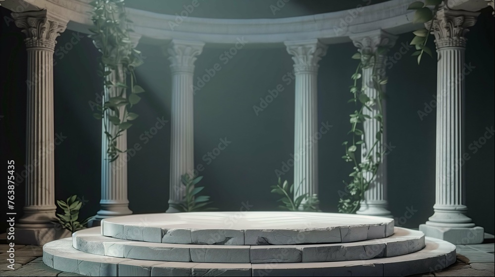 Classic greek and roman inspired 3d podium with columns and greenery ...