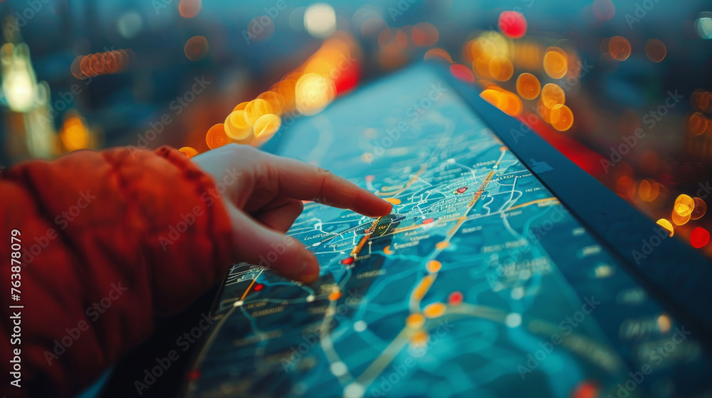 A close-up of a person's hand interacting with a digital touchscreen ...