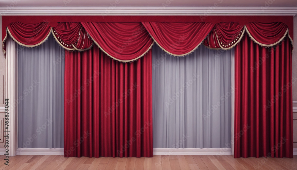 Red realistic luxury curtain cornice decor domestic fabric interior ...