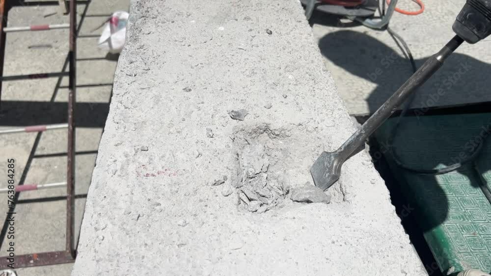 Construction worker using heavy duty jackhammer tool and breaking ...