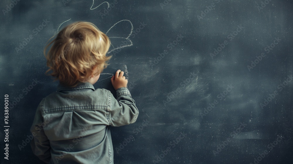 Back view of cute little kid boy writing with chalk, cute little kid ...
