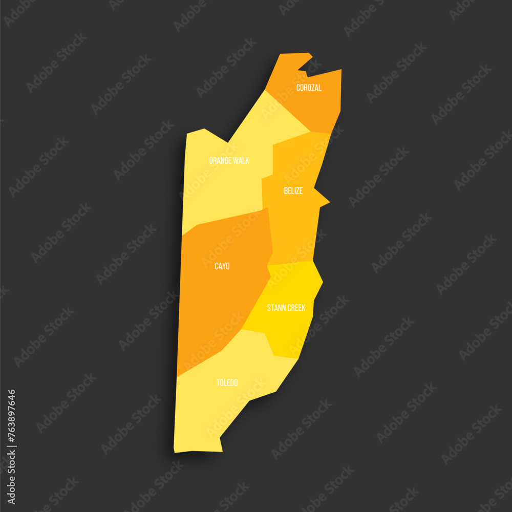 Belize political map of administrative divisions - districts. Yellow ...