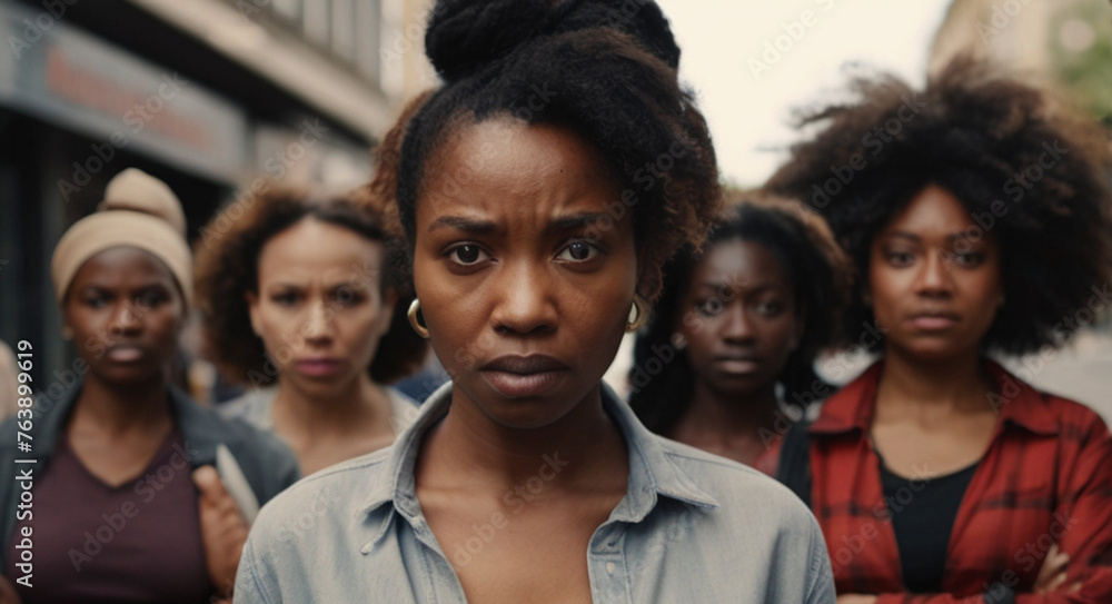 Displeased black woman protesting for human rights on city streets ...