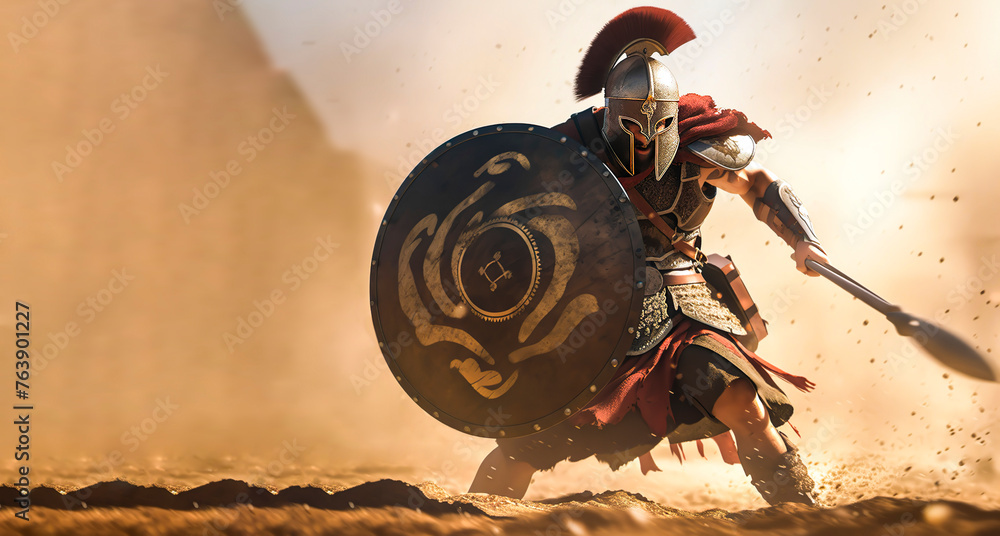 Spartan man in gladiator helmet and red long cloak standing with round ...