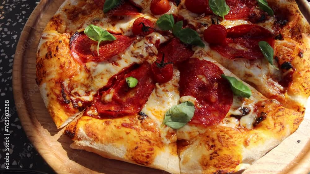 Vidéo Stock Traditional Italian spicy pepperoni pizza with cherry ...