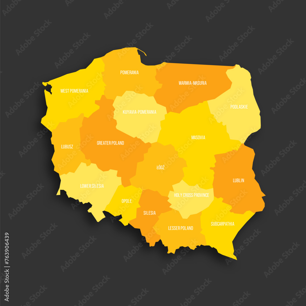 Poland political map of administrative divisions - voivodeships. Yellow ...