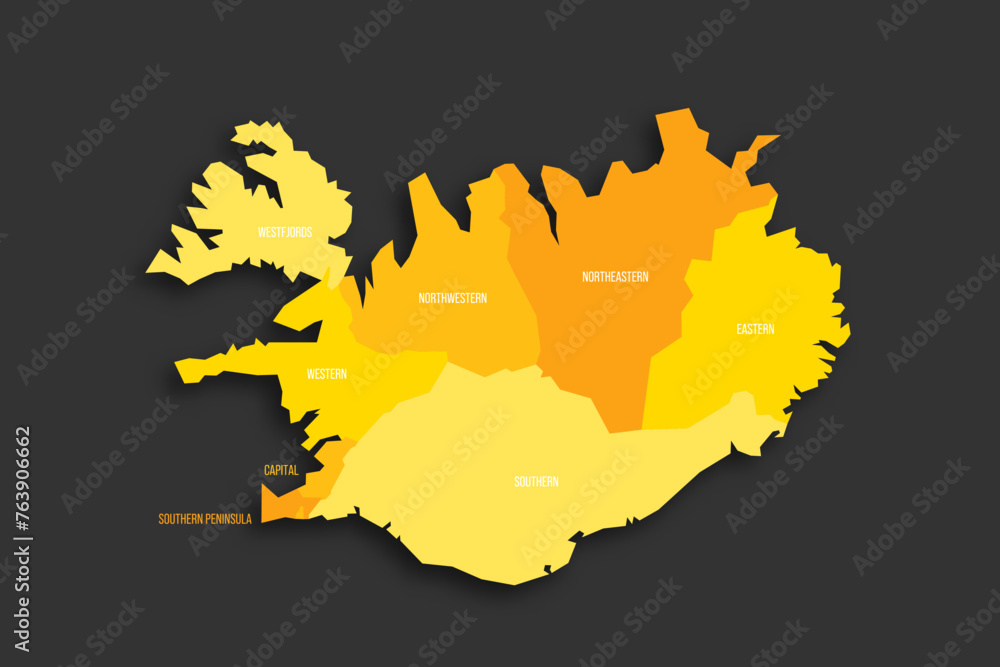 Iceland political map of administrative divisions - regions. Yellow ...