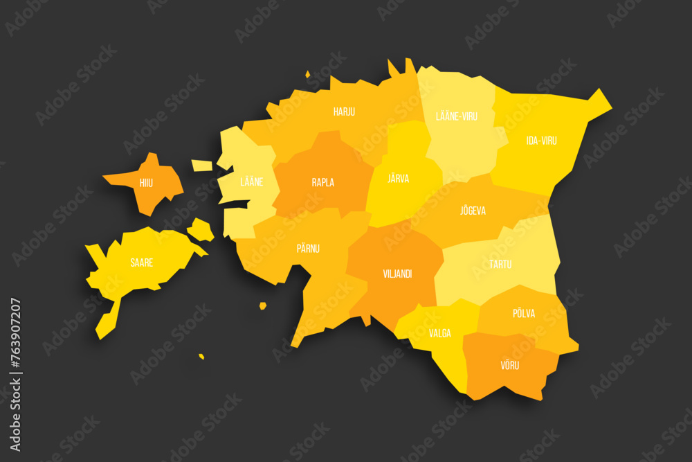 Estonia political map of administrative divisions - counties. Yellow ...