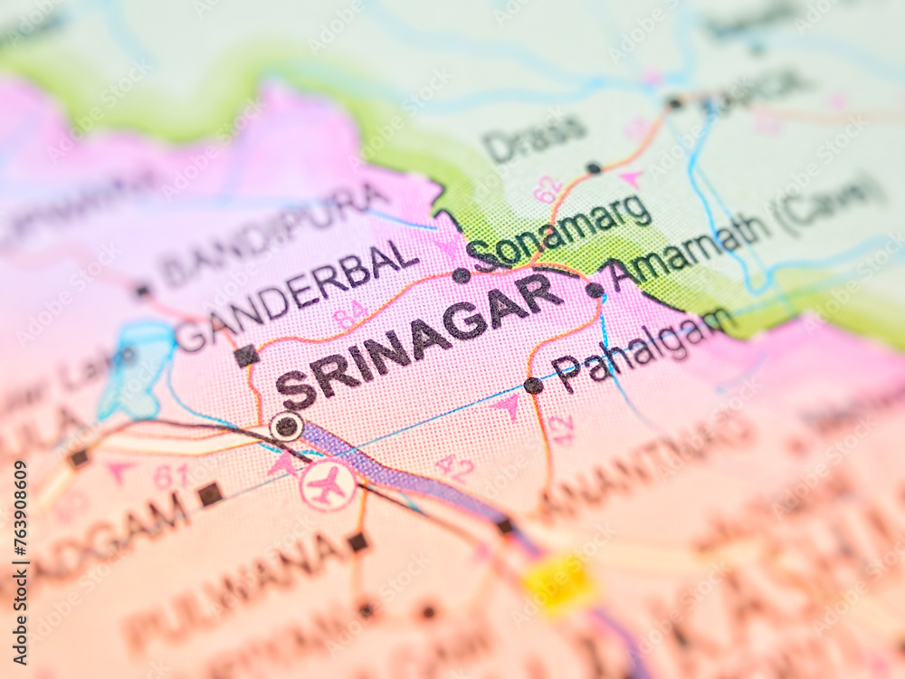 Srinagar on a map of India with blur effect. Stock Photo | Adobe Stock