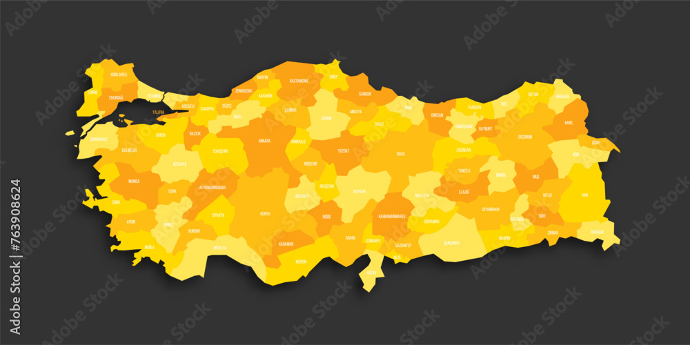 Turkey political map of administrative divisions - provinces. Yellow ...