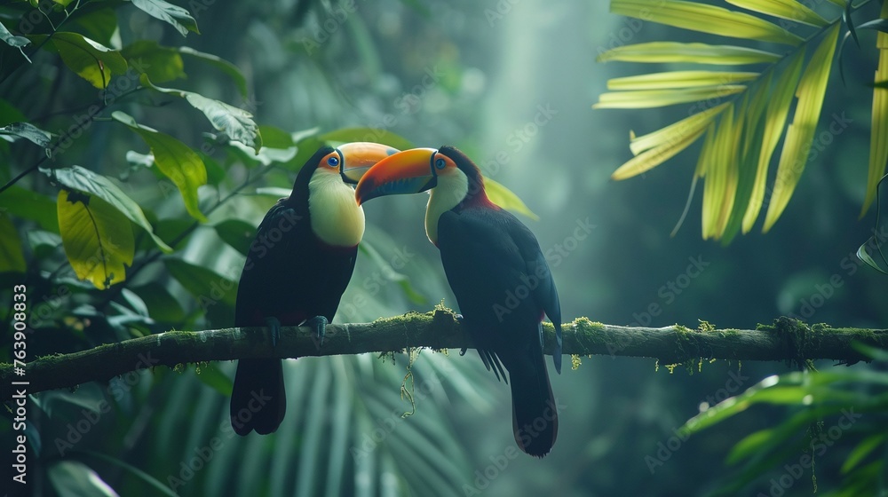 two vibrant keel-billed toucans perch side by side their large bills ...