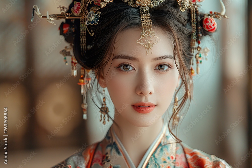 Chinese women wearing Hanfu, full body photos, background of ancient ...