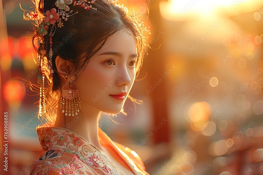 Chinese women wearing Hanfu, full body photos, background of ancient ...