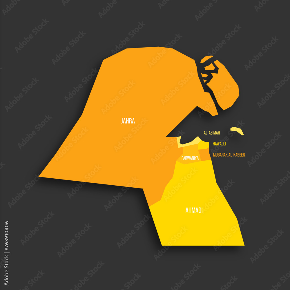 Kuwait political map of administrative divisions - governorates. Yellow ...