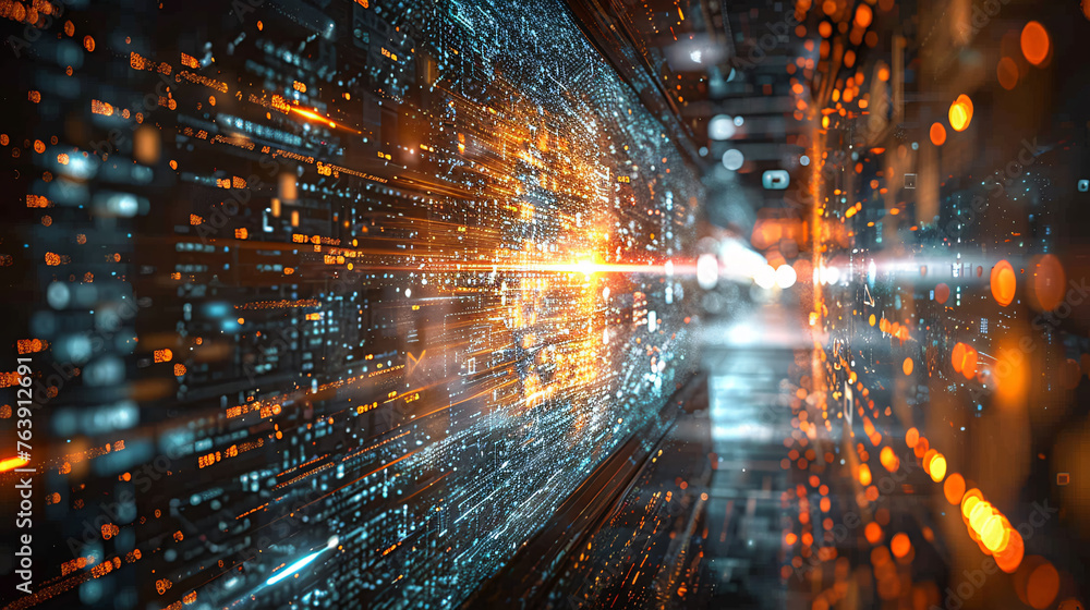 Envision a sophisticated and abstract visualization of artificial intelligence interacting with ...