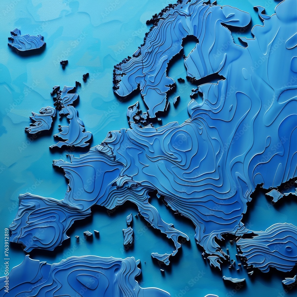 Topographic map of Europe created in a layered paper cut style with delineation of the borders ...