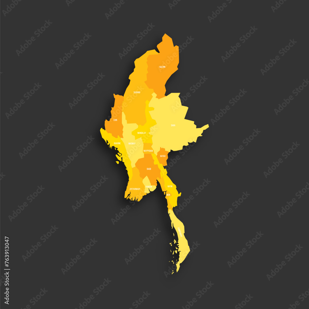 Myanmar political map of administrative divisions - states, regions and ...