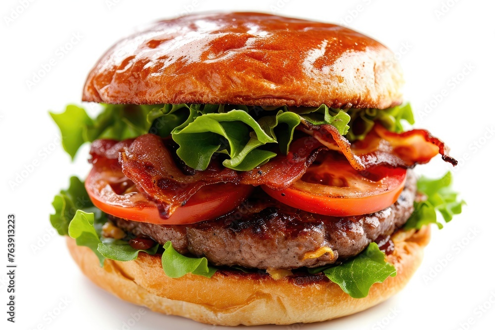 spicy beef burger with crispy bacon slices, red jalapeno, tomato slice ...