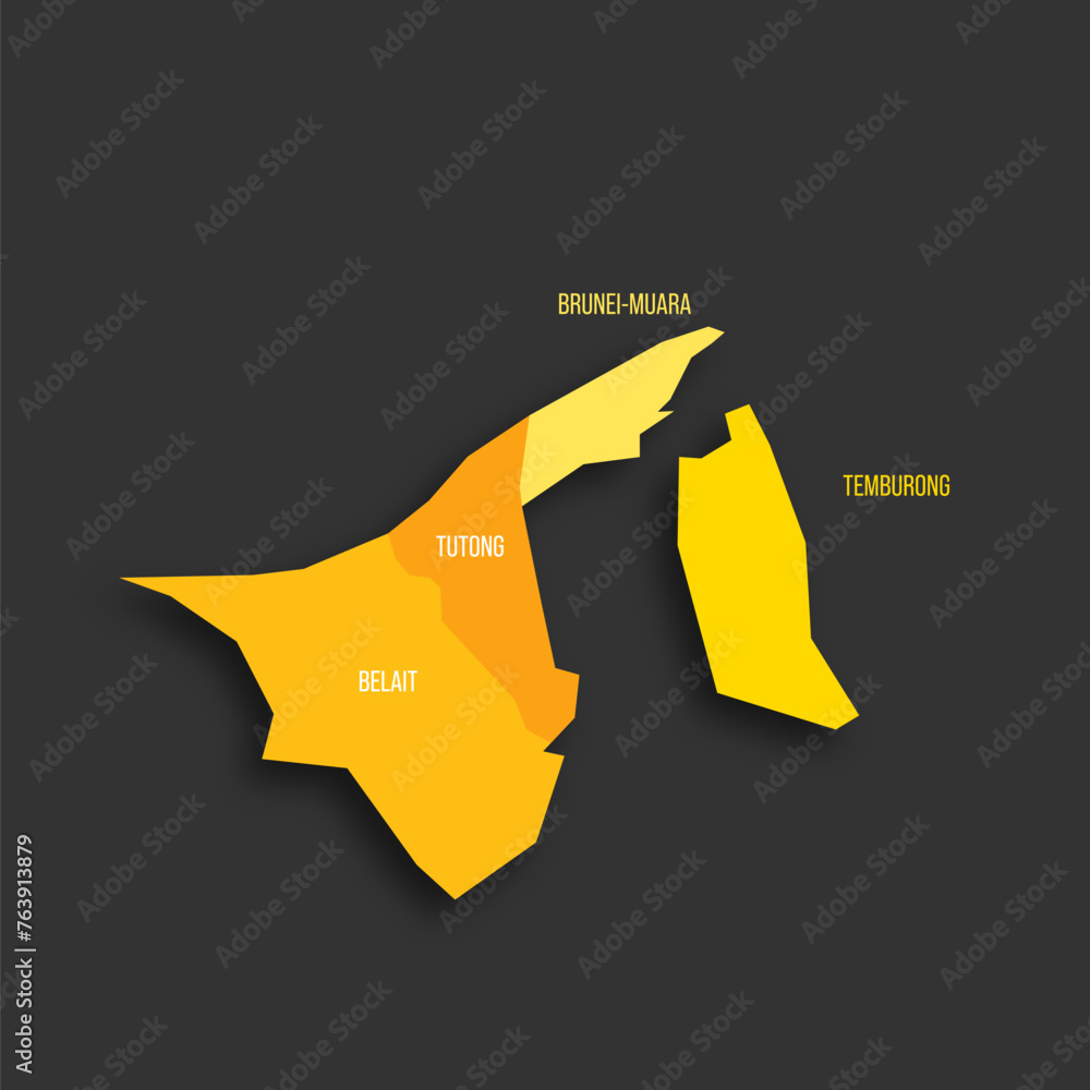 Brunei political map of administrative divisions - districts. Yellow ...