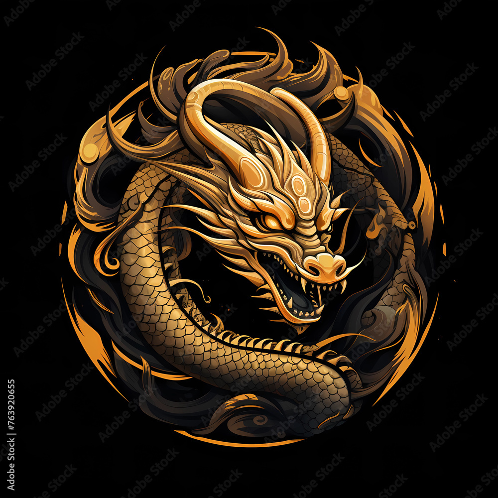 logo illustration, golden on black background, graphic design, dragon ...